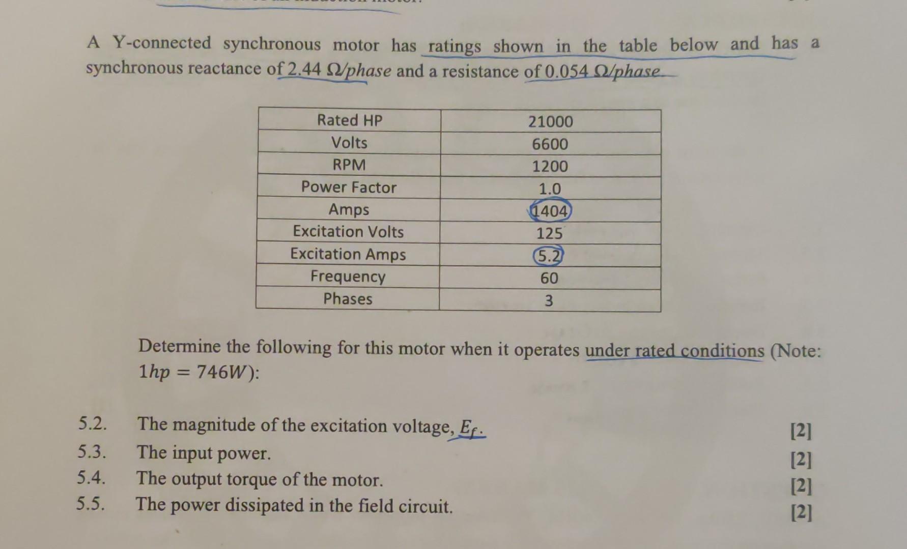 Solved A Y-connected synchronous motor has ratings shown in | Chegg.com