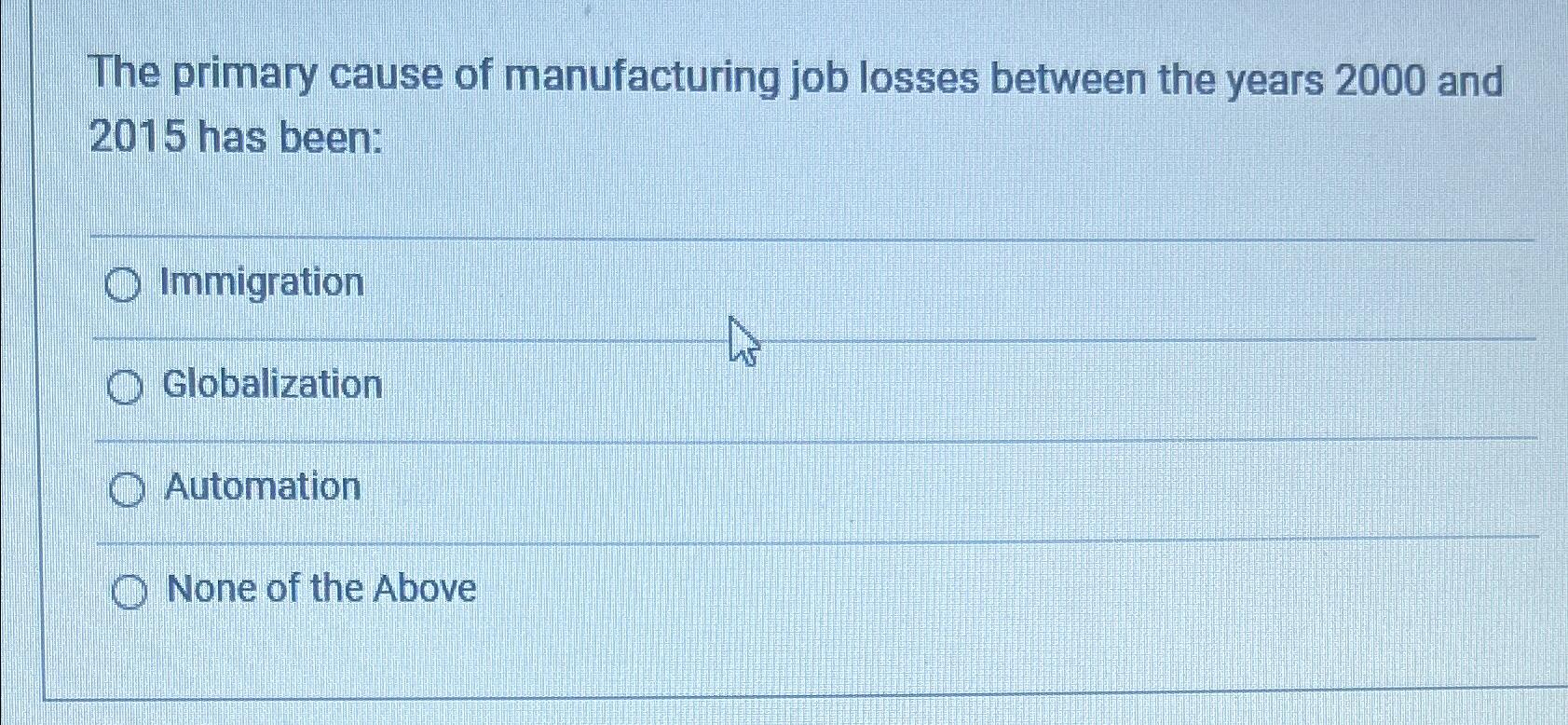 Solved The primary cause of manufacturing job losses between | Chegg.com