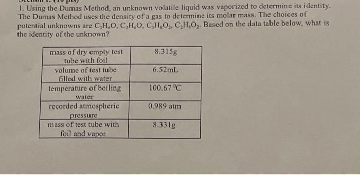 Solved 1. Using the Dumas Method, an unknown volatile liquid | Chegg.com