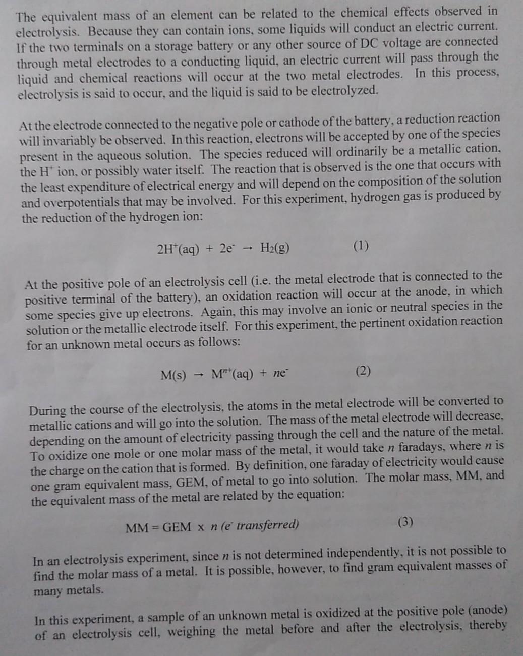 Solved The equivalent mass of an element can be related to | Chegg.com