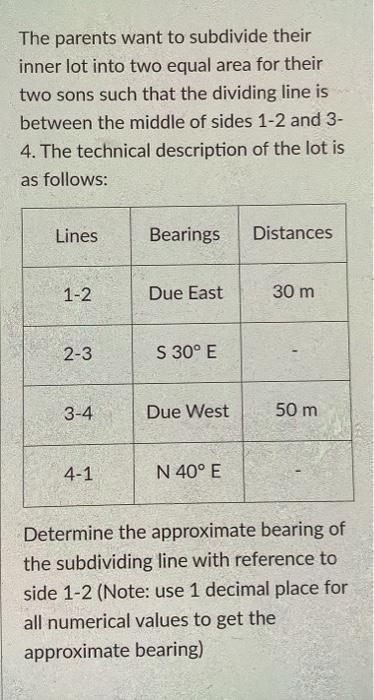 Solved The parents want to subdivide their inner lot into | Chegg.com