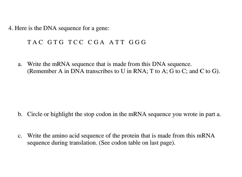 Solved 4. Here is the DNA sequence for a gene: TAC GTG TCC | Chegg.com