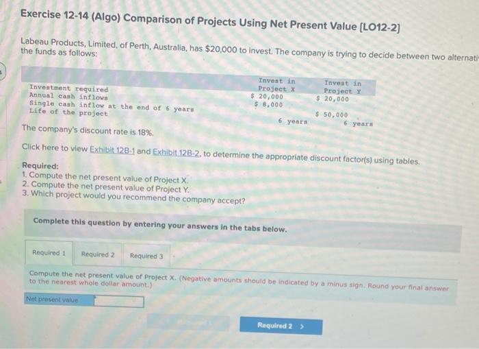 Solved Exercise 12-14 (Algo) Comparison of Projects Using | Chegg.com