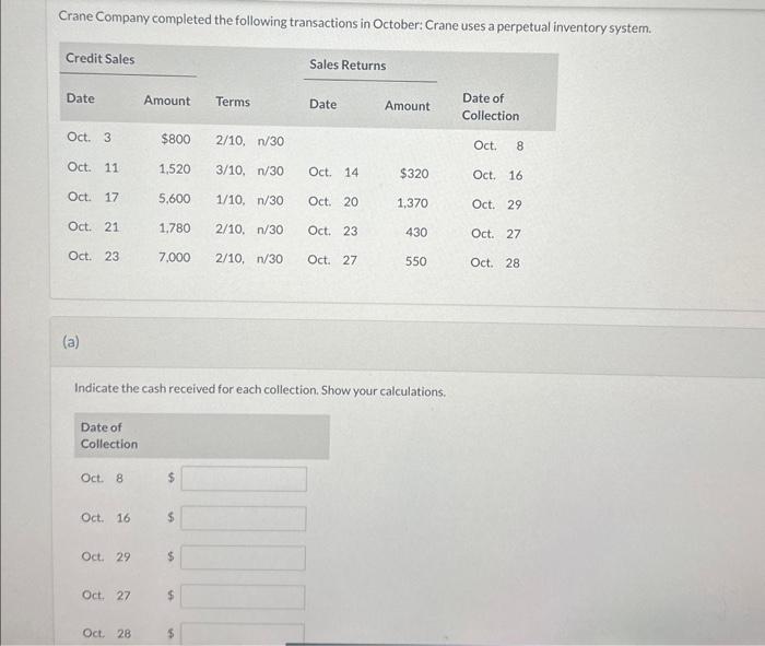 Solved Crane Company completed the following transactions in | Chegg.com