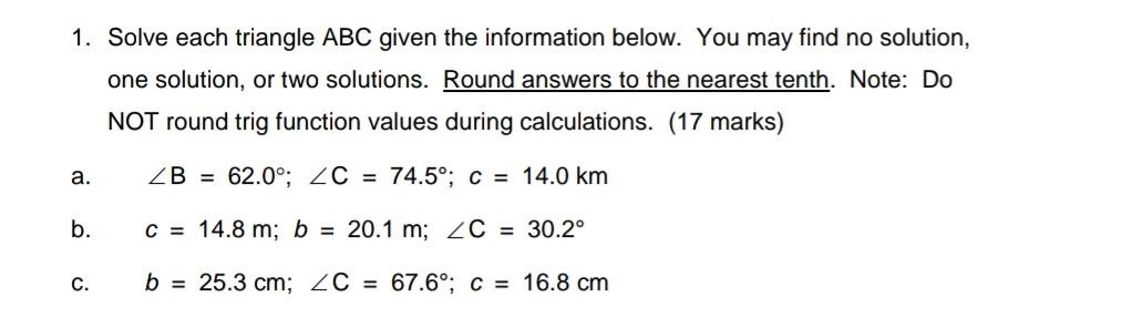 Solved 1. Solve each triangle ABC given the information | Chegg.com