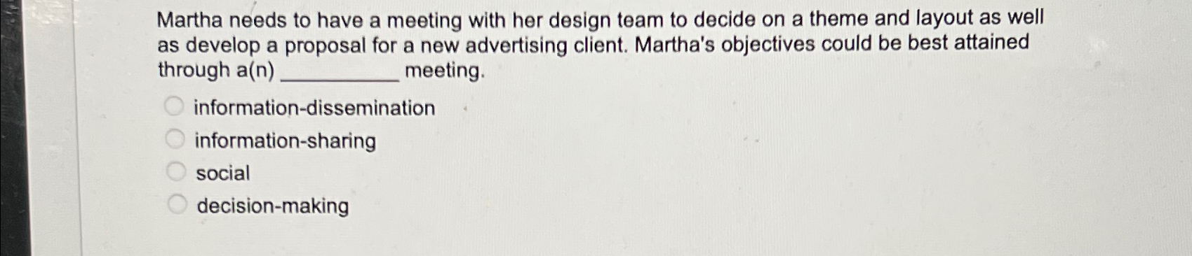 Solved Martha needs to have a meeting with her design team | Chegg.com