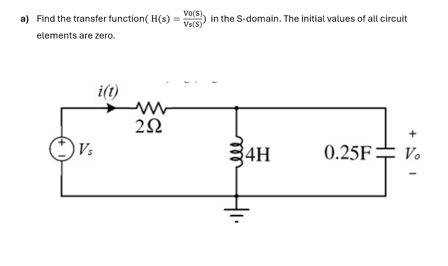 Solved a) ﻿Find the transfer function (H(s)=V0((S))Vs(S)) | Chegg.com