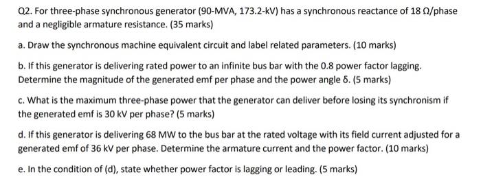 Solved Q2. For three-phase synchronous generator (90-MVA, | Chegg.com