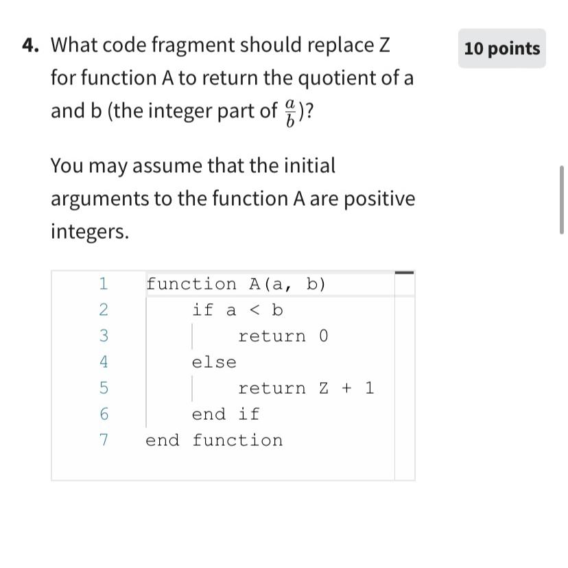 Solved What Code Fragment Should Replace Z ﻿for Function A 7384