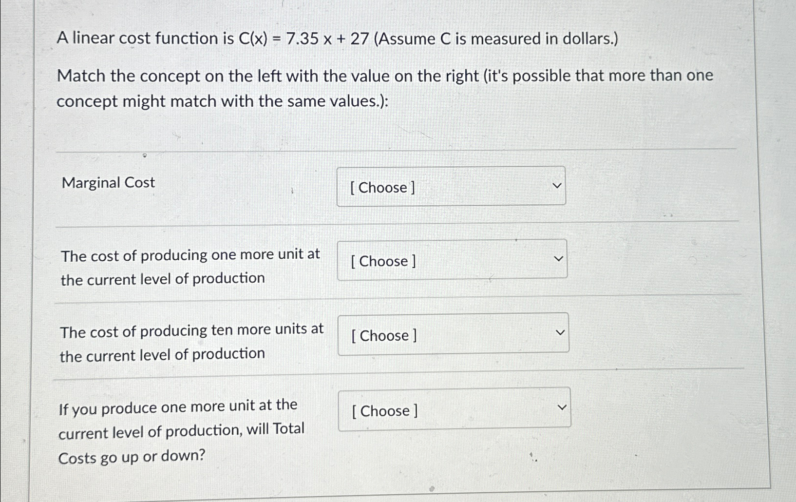Solved A linear cost function is C(x)=7.35x+27 (Assume C ﻿is | Chegg.com
