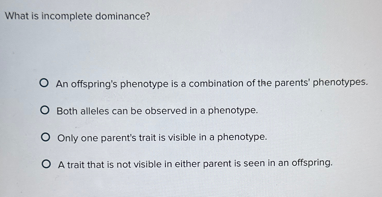 Solved What is incomplete dominance?An offspring's phenotype | Chegg.com