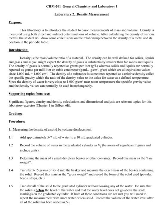 Solved CHM-201 General Chemistry and Laboratery I Laboratory | Chegg.com