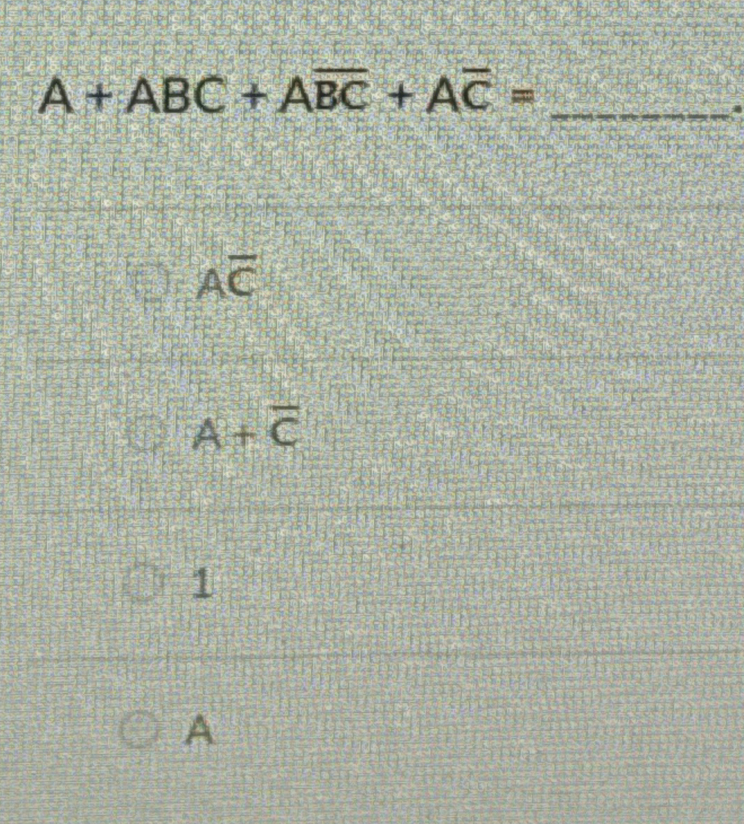 Solved A+ABC+Abar (BC)+Abar (C)=Abar (C)A+bar (C)1A | Chegg.com