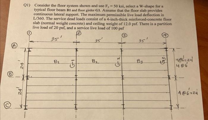 Solved Q1) Consider the floor system shown and use Fy=50ksi, | Chegg.com