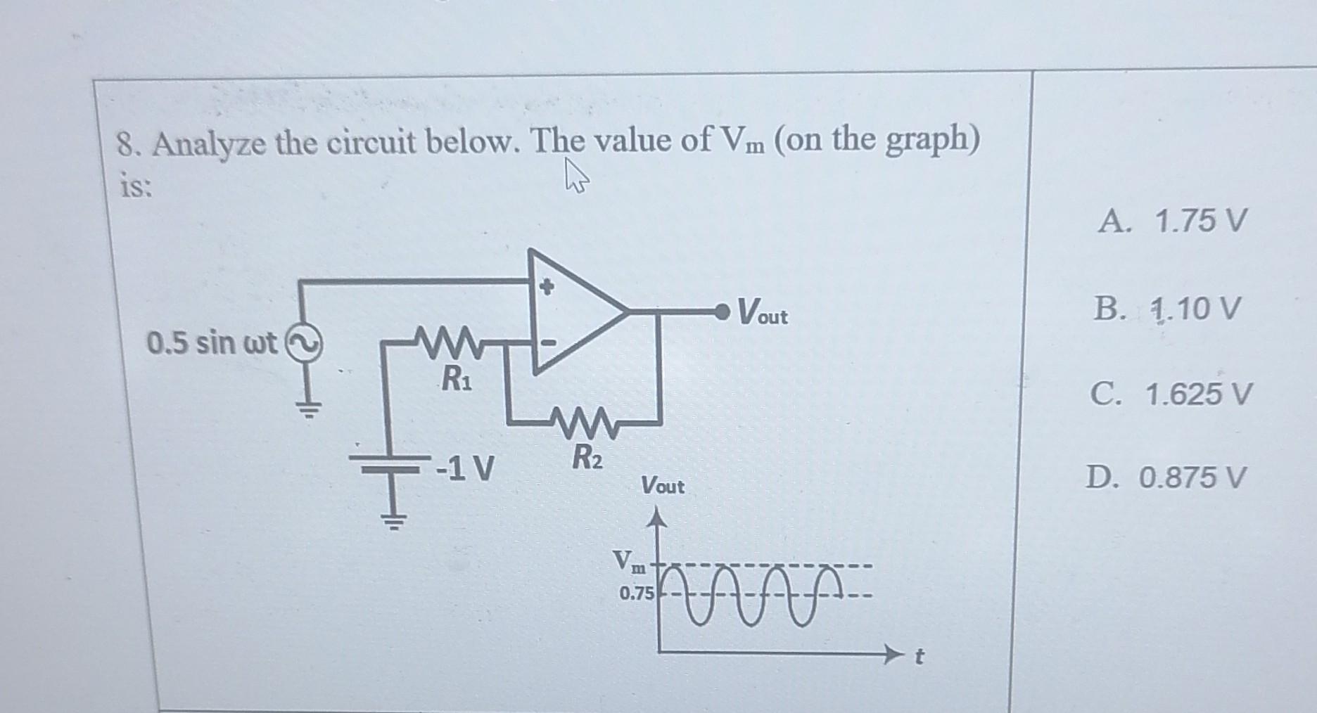Solved 8. Analyze the circuit below. The value of Vm (on the | Chegg.com