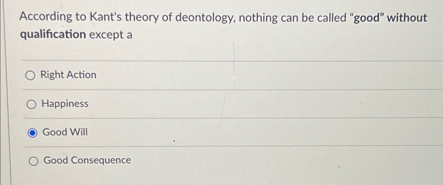 Solved According to Kant's theory of deontology, nothing can | Chegg.com
