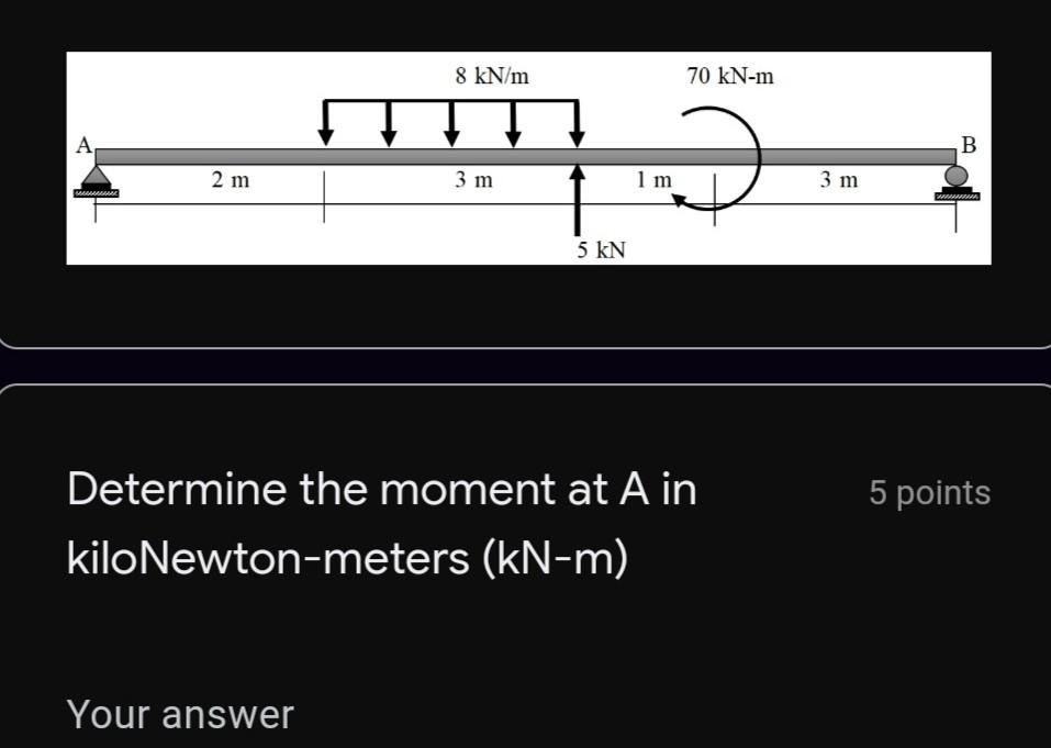 Solved 8 kN/m 70 kN-m B 2 m 3 m 1 m 3 m MBOGAME 5 KN 5 | Chegg.com