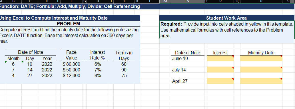 Solved unction: DATE; Formula: Add, Multiply, Divide; Cell | Chegg.com