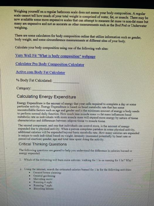 Solved Energy Expenditure Calculation Worksheet Body Mass | Chegg.com