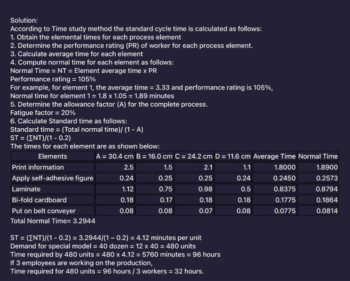 Solved Solution: According to Time study method the standard | Chegg.com