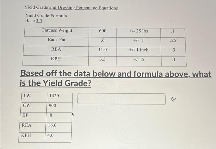 Solved Yield Grade and Dressing Percentage Equations Yield | Chegg.com