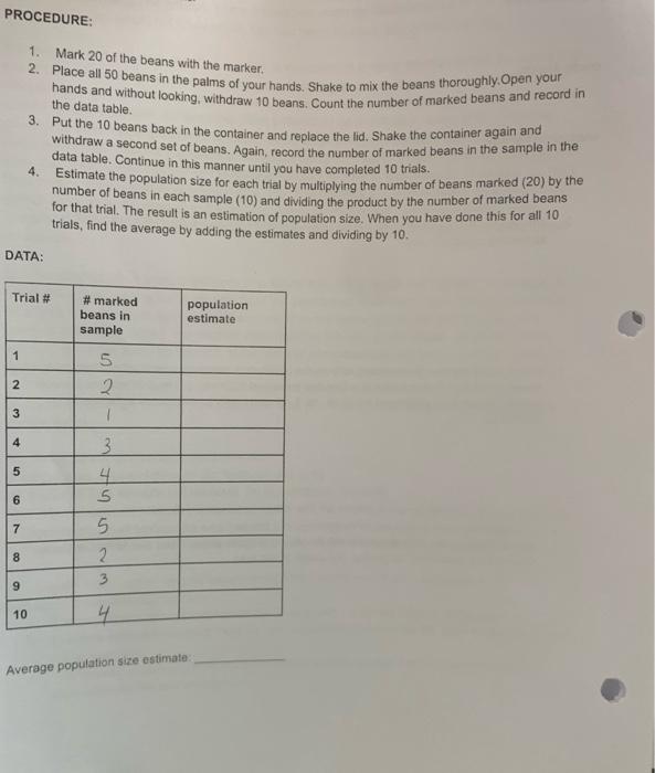 Solved PROCEDURE: 1. Mark 20 of the beans with the marker. | Chegg.com