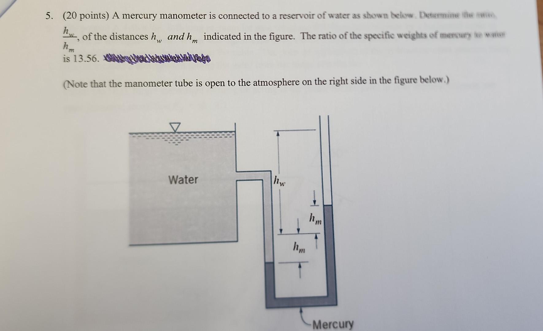 Solved 5. (20 points) A mercury manometer is connected to a | Chegg.com