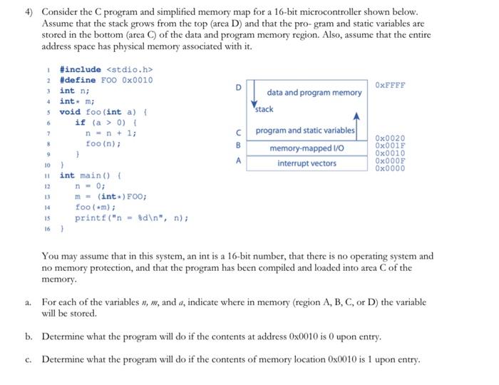 Solved 4) Consider the C program and simplified memory map | Chegg.com