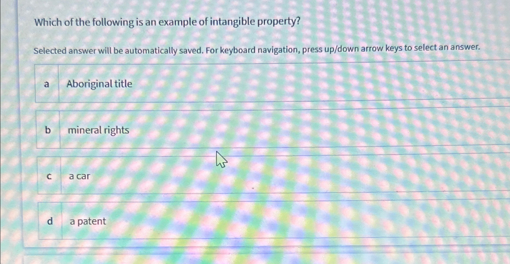 Solved Which of the following is an example of intangible | Chegg.com