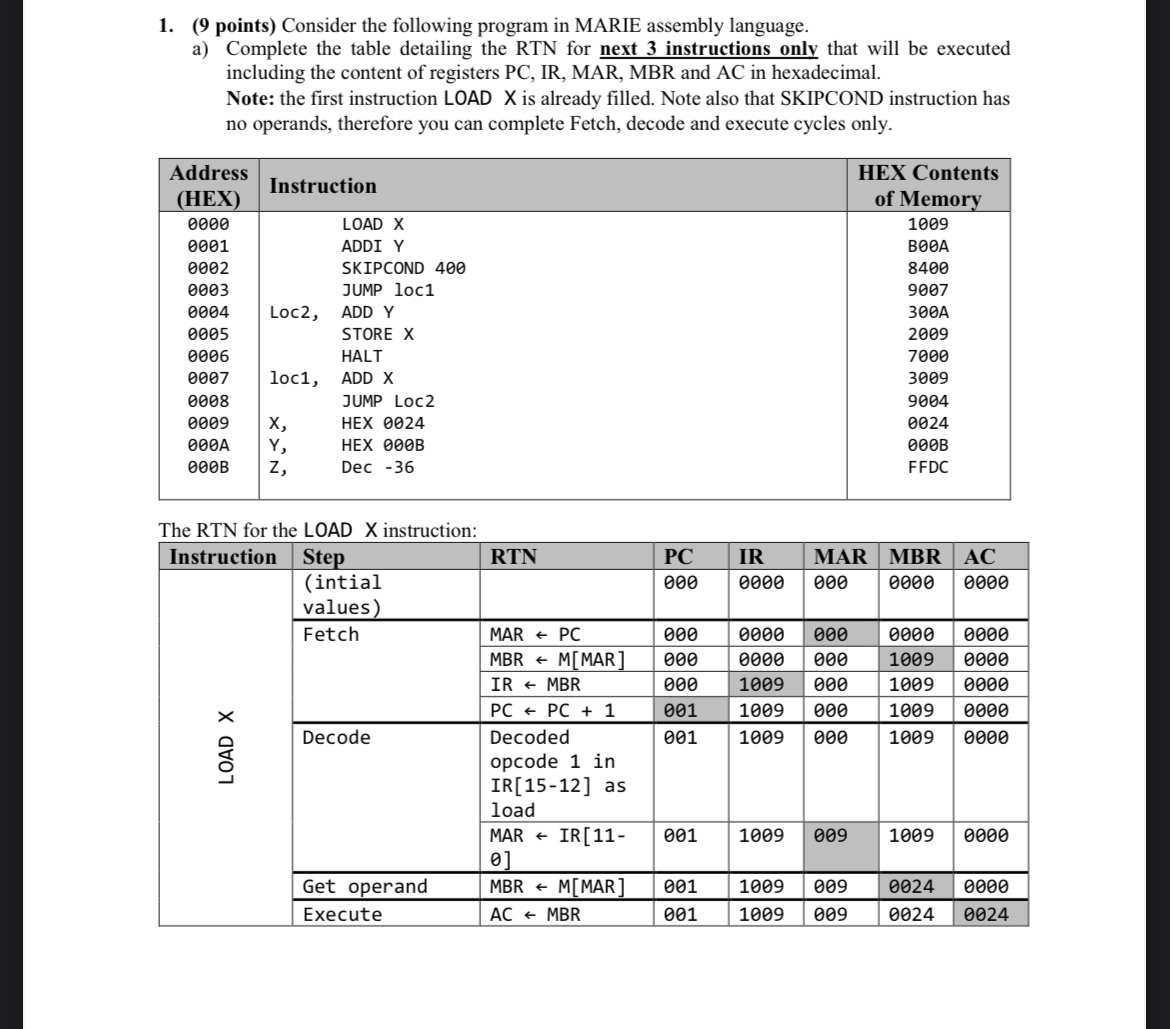Solved ( 9 ﻿points) ﻿Consider the following program in MARIE | Chegg.com