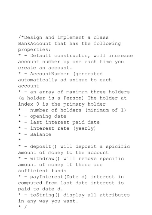 Solved BankAccount /*The class Bank is a class that contaisn | Chegg.com
