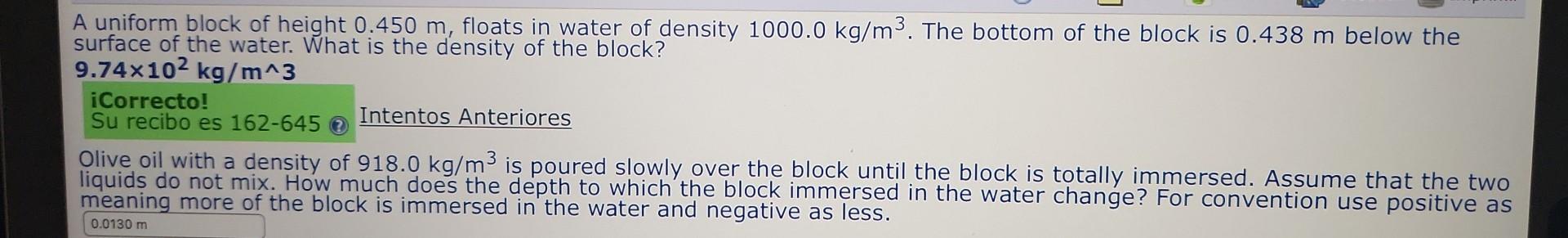 Solved A uniform block of height 0.450 m, floats in water of | Chegg.com