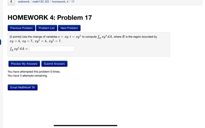 Solved (5 points) Use the change of variables s=xy,t=xy2 to | Chegg.com