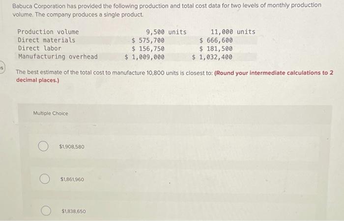 Solved Babuca Corporation has provided the following | Chegg.com