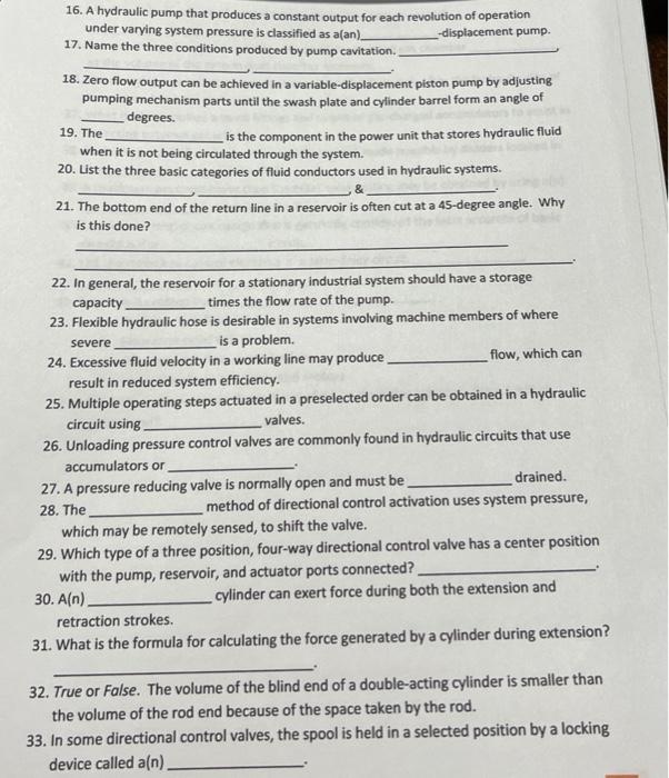 Solved 16. A hydraulic pump that produces a constant output | Chegg.com