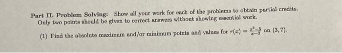 Solved Part II. Problem Solving: Show all your work for each | Chegg.com