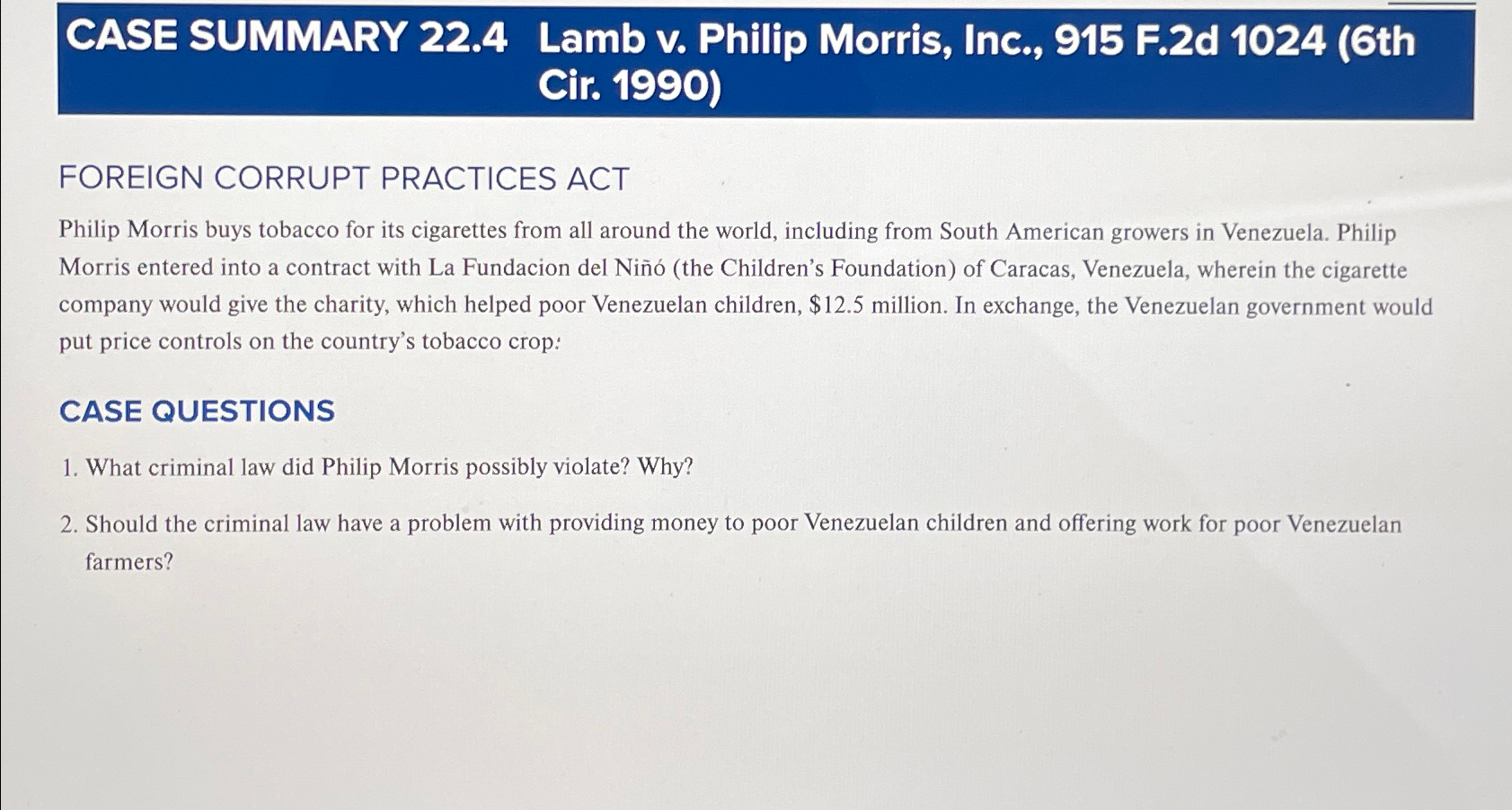 Solved CASE SUMMARY 22.4 ﻿Lamb v. ﻿Philip Morris, Inc., 915 | Chegg.com