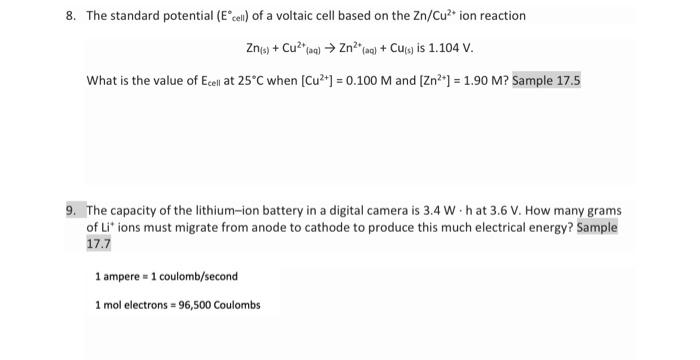 Solved 8. The standard potential (E∘cell ) of a voltaic cell | Chegg.com