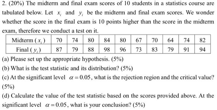 Solved 2. (20\%) The midterm and final exam scores of 10 | Chegg.com