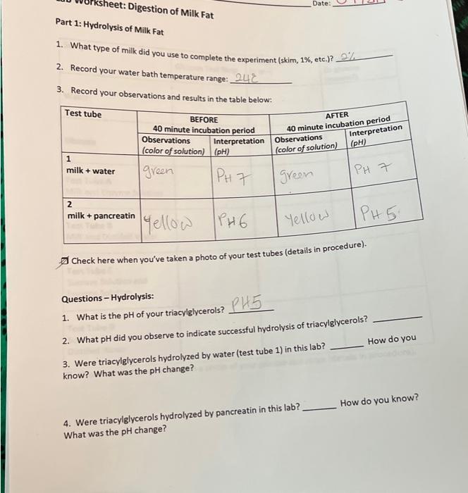Solved Part 1: Hydrolysis of Milk Fat Date: 1. What type of | Chegg.com