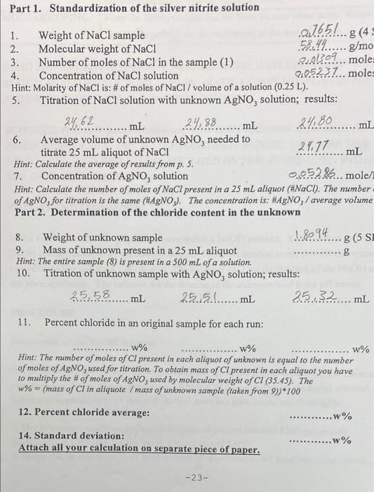 Solved Part 1. Standardization of the silver nitrite | Chegg.com
