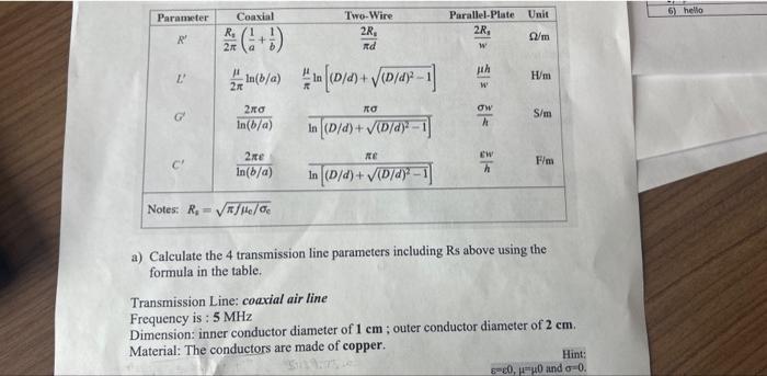 Solved a) Calculate the 4 transmission line parameters | Chegg.com