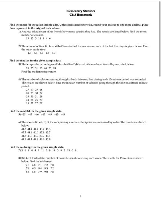 Solved Elementary Statistics Ch 3 Homework Find the mean for | Chegg.com
