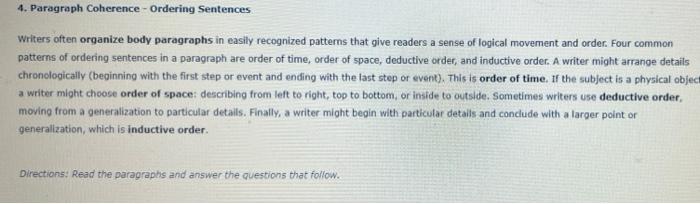 4. Paragraph Coherence - Ordering Sentences Writers | Chegg.com