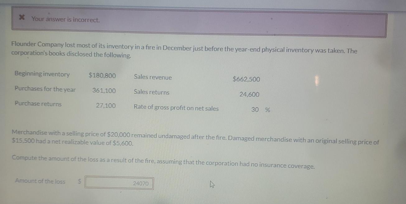 Solved * Your answer is incorrect. Flounder Company lost | Chegg.com