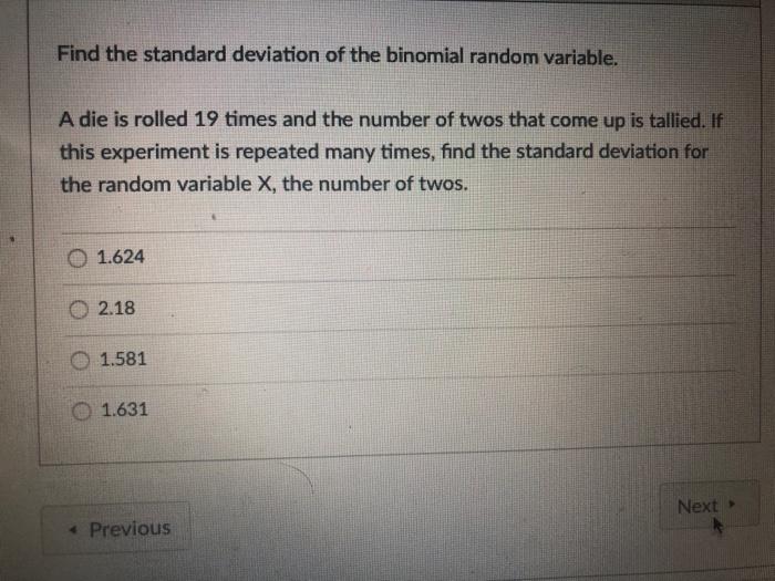 Solved Find the standard deviation of the binomial random | Chegg.com