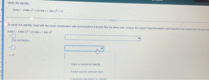 Solved Verify the identity. (cos X = 4 sinx)2 + (4 COSX + | Chegg.com