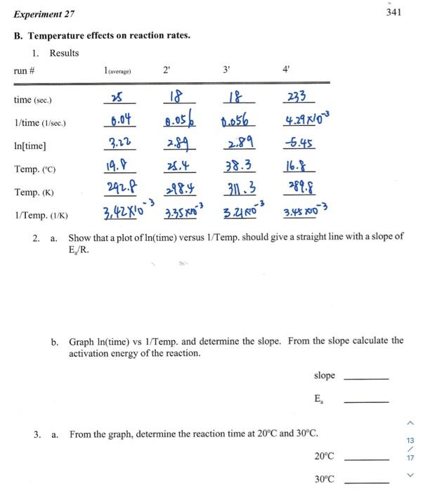 Solved B. Temperature effects on reaction rates. 2. a. Show | Chegg.com