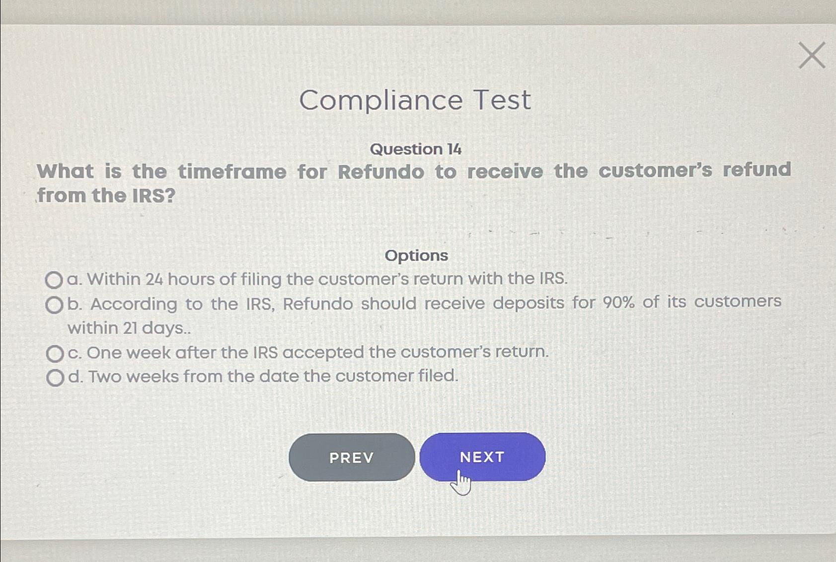 Solved Compliance TestQuestion 14What is the timeframe for | Chegg.com