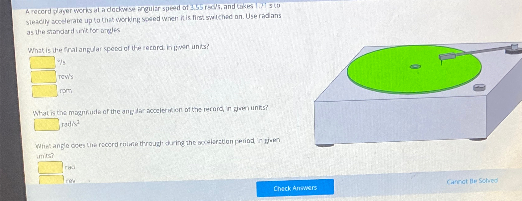 Solved A record player works at a clockwise angular speed of | Chegg.com